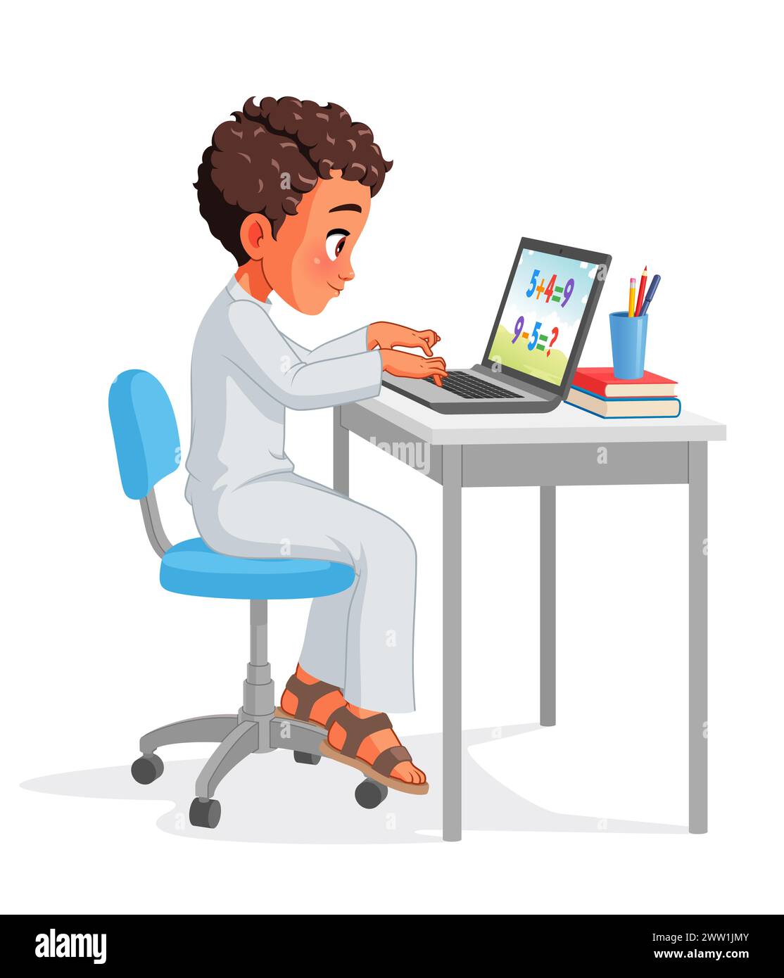 Arab school kid studying with laptop. Cartoon vector illustration Stock ...
