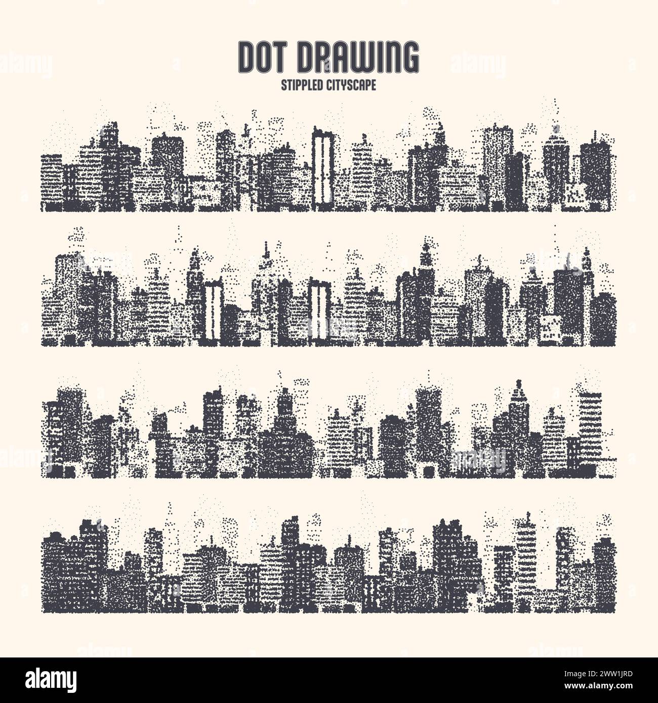 Stippled city silhouettes. Cityscape, town skyline. Midtown, downtown ...