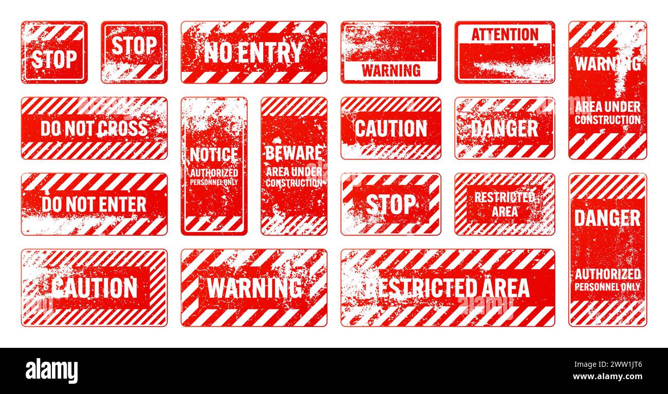 Red grunge warning signs with diagonal lines. Old attention, danger or ...