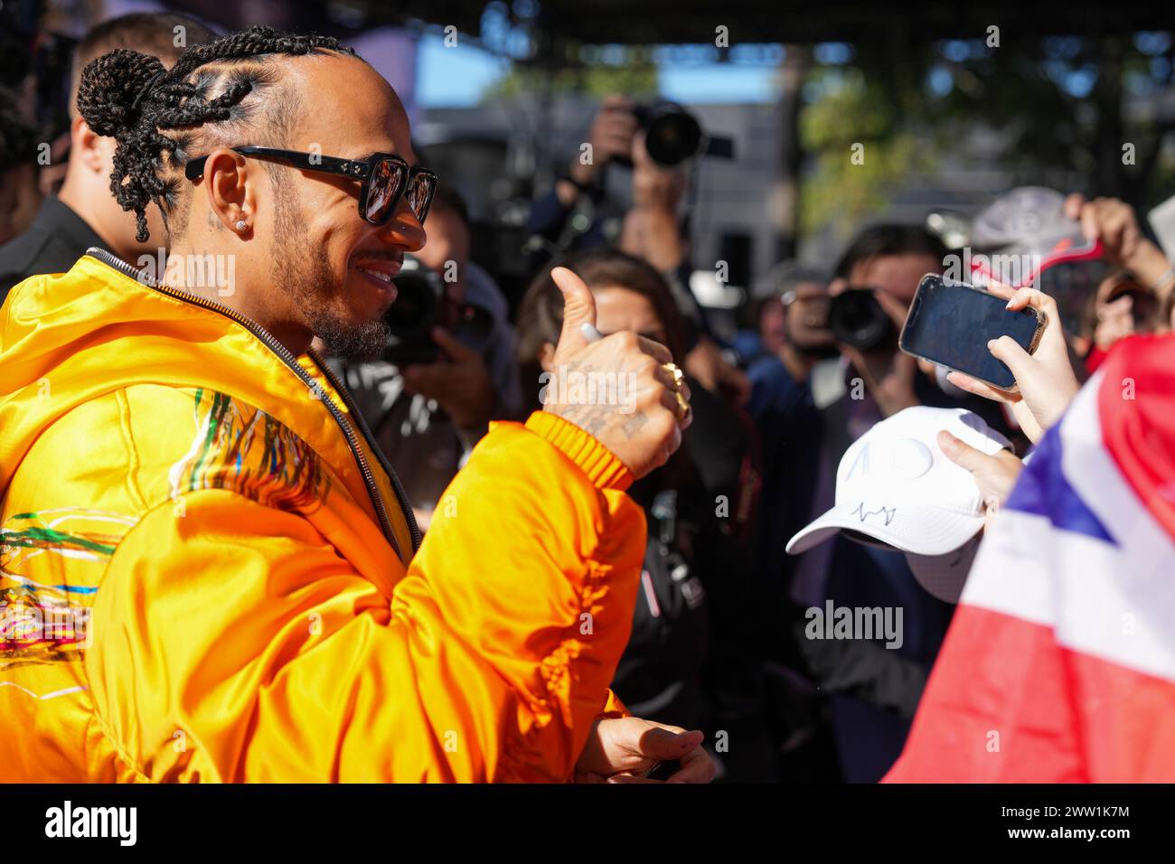 Mercedes driver Lewis Hamilton of Britain gestures to fans as he ...