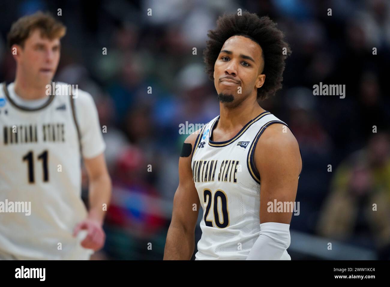 Montana State guard Robert Ford III reacts to making a 3-point shot ...