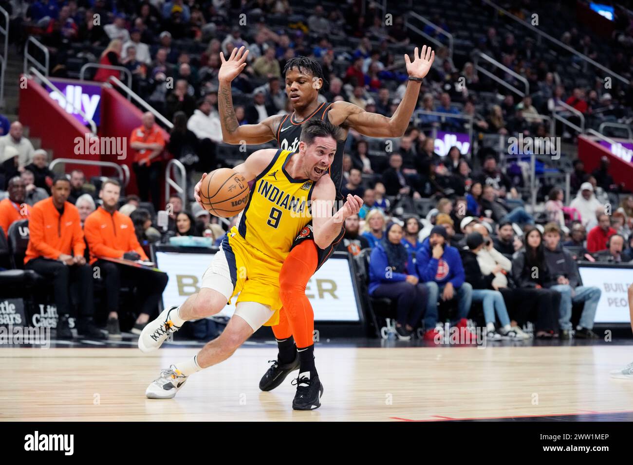 Indiana Pacers guard T.J. McConnell (9) drives as Detroit Pistons guard ...