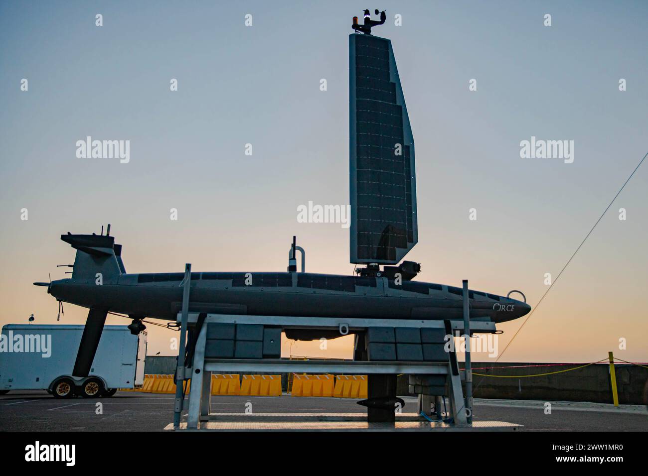 A Triton unmanned surface vessel (USV) rests ashore in San Diego during ...