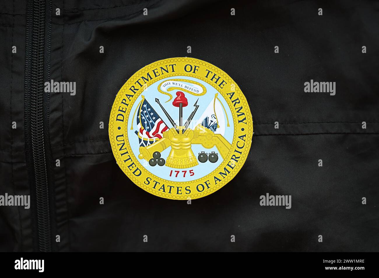 KYIV, UKRAINE - MARCH 9, 2024 US Department of Army seal on black ...