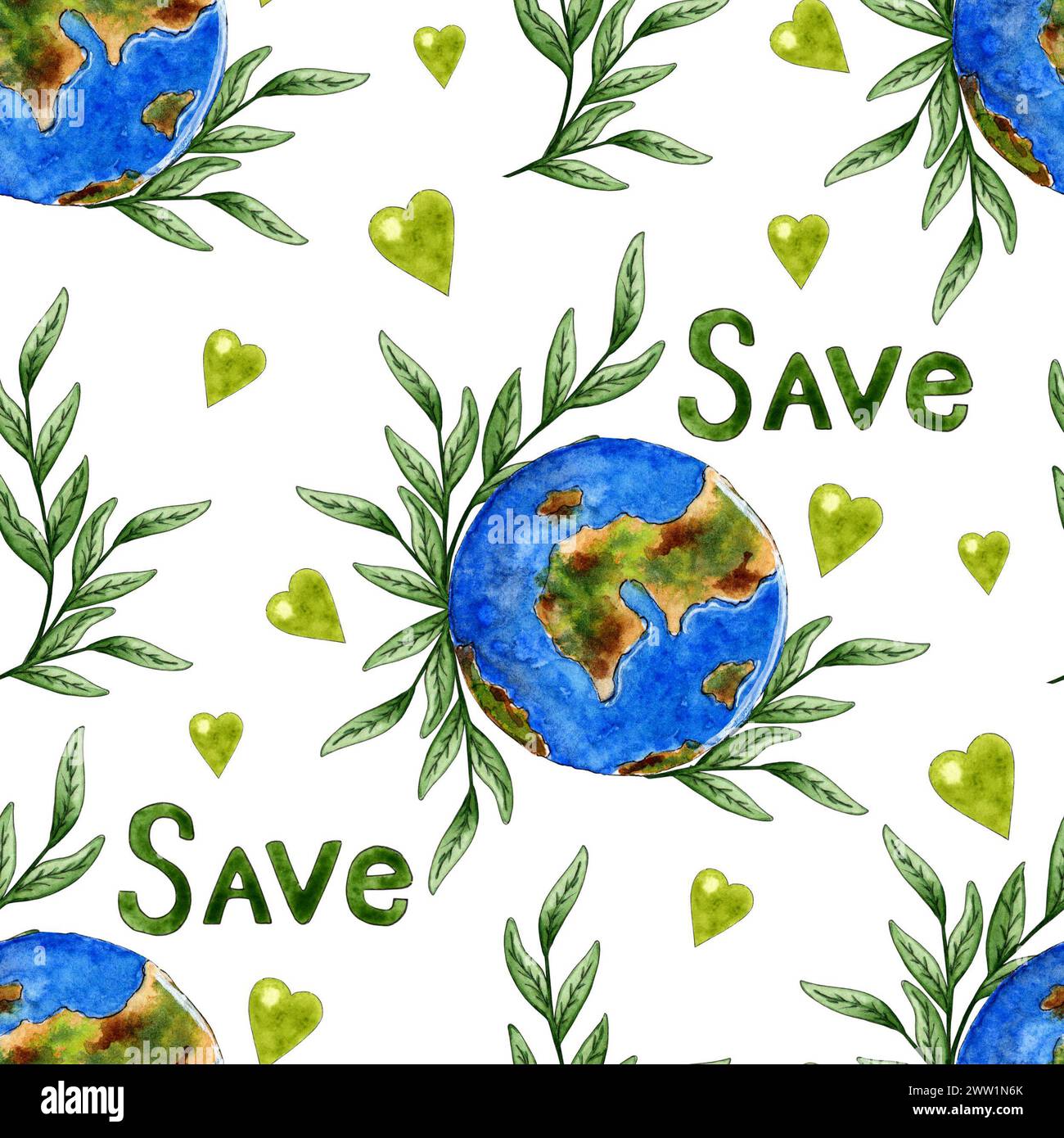 Watercolor illustration pattern of blue planet Earth with green sprouts ...