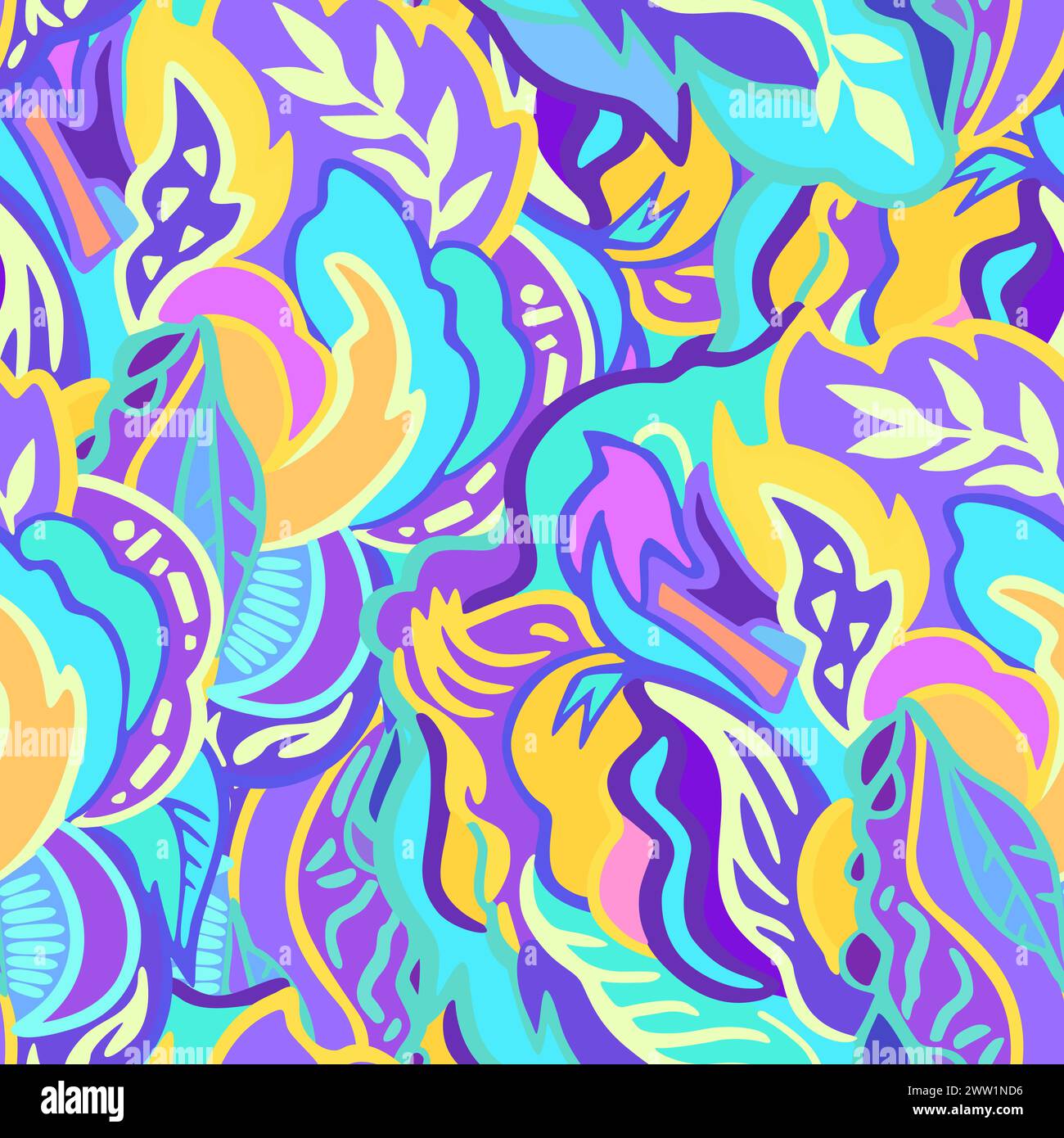 Colorful seamless pattern with chaotic floral and psychedelic abstract ...