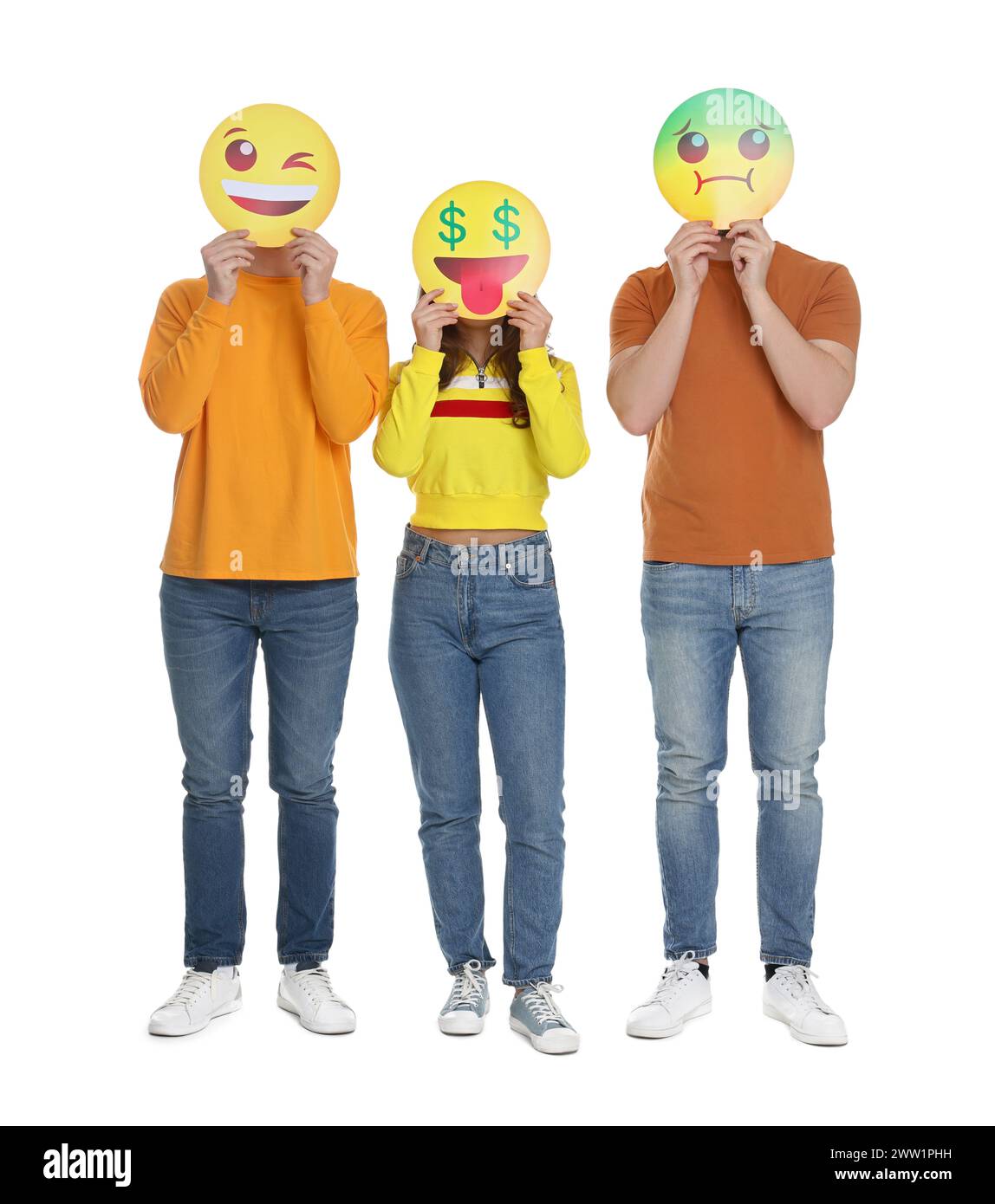 People covering faces with emoticons on white background Stock Photo ...