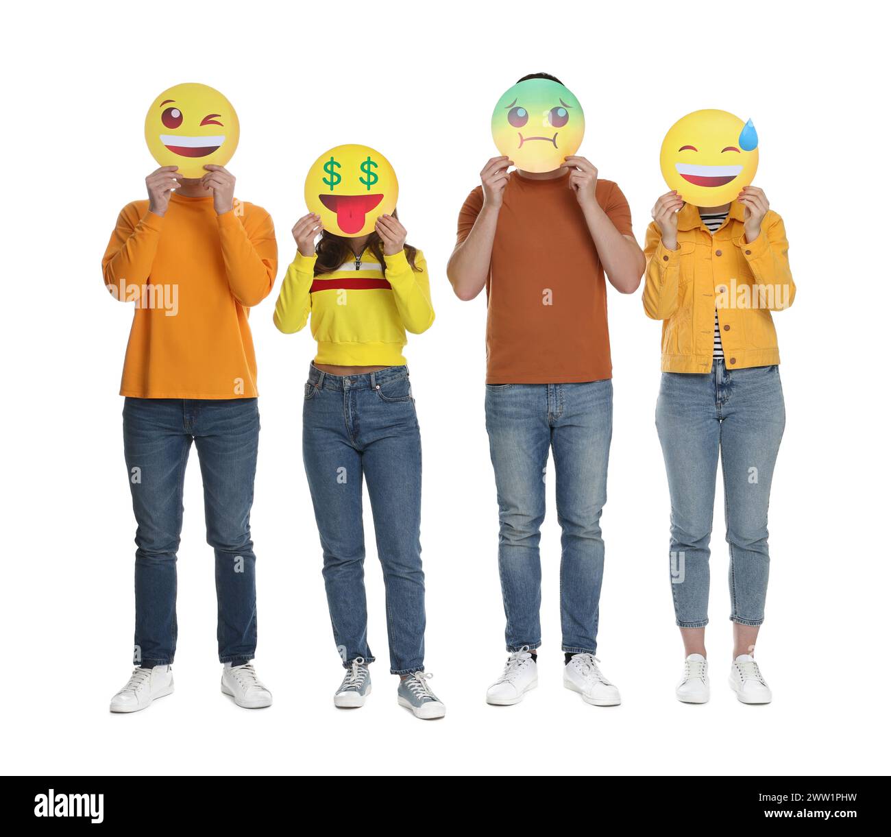 People covering faces with emoticons on white background Stock Photo ...