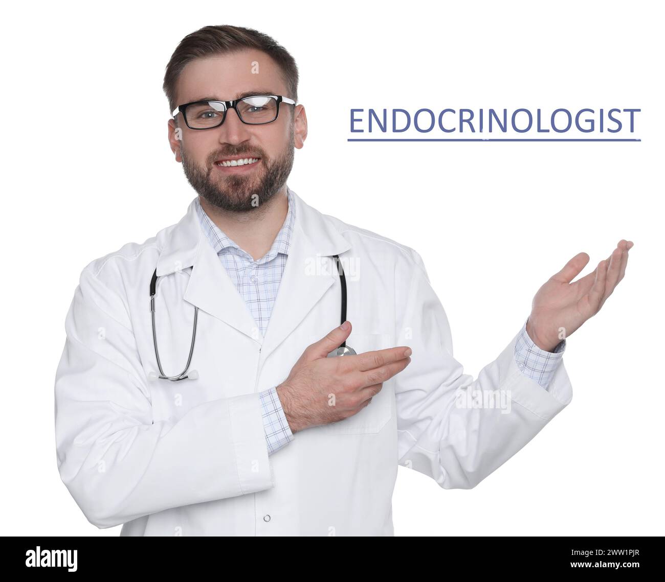 Endocrinologist in glasses with stethoscope on white background Stock ...