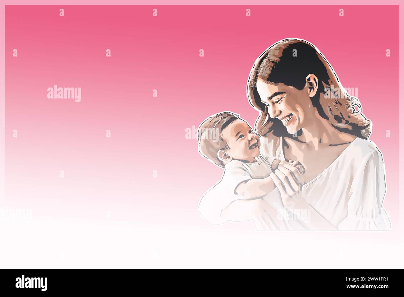 Tender mother with baby illustration, pink background for Mother's Day ...