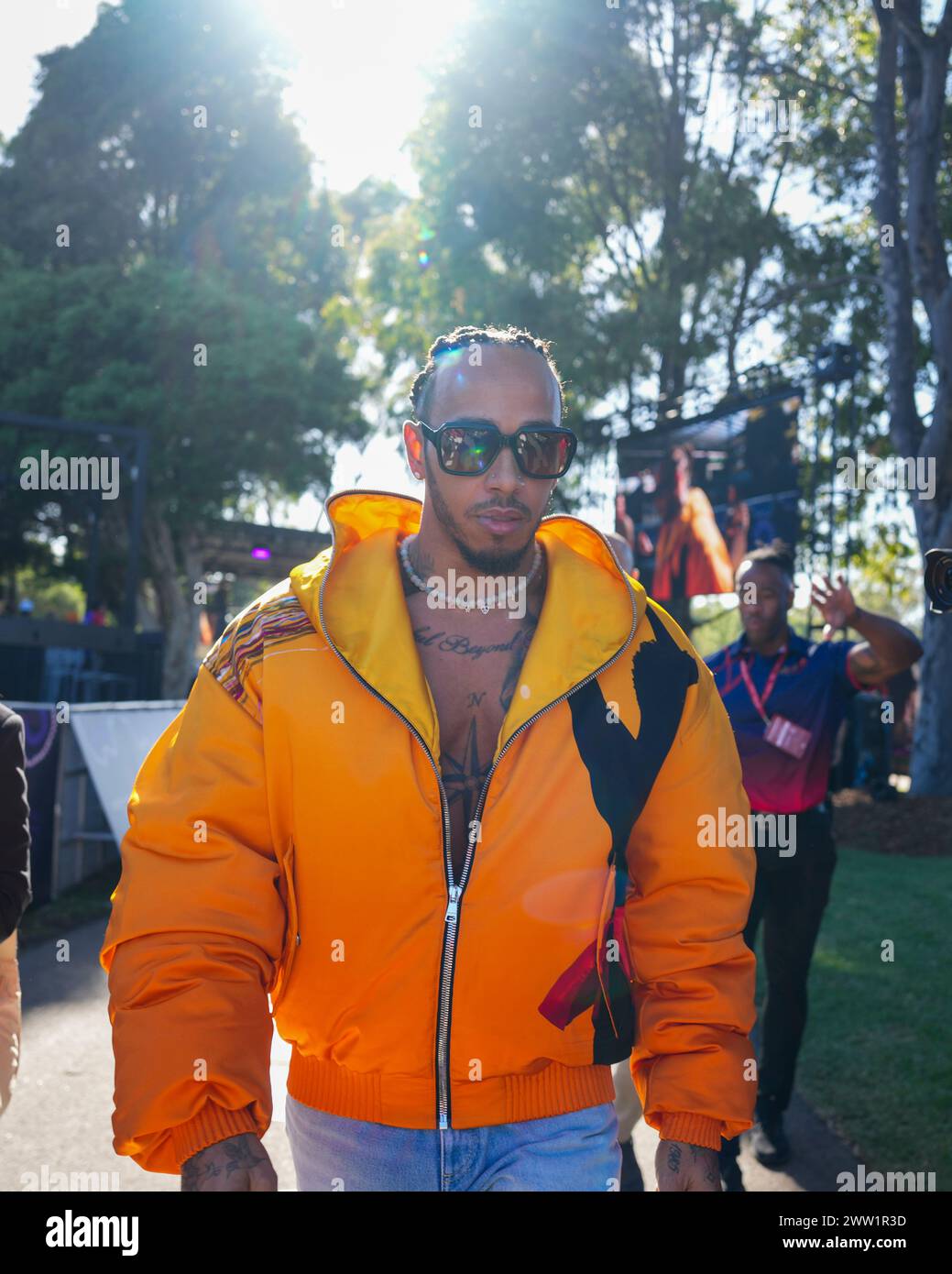 Mercedes driver Lewis Hamilton of Britain arrives at the Albert Park ...