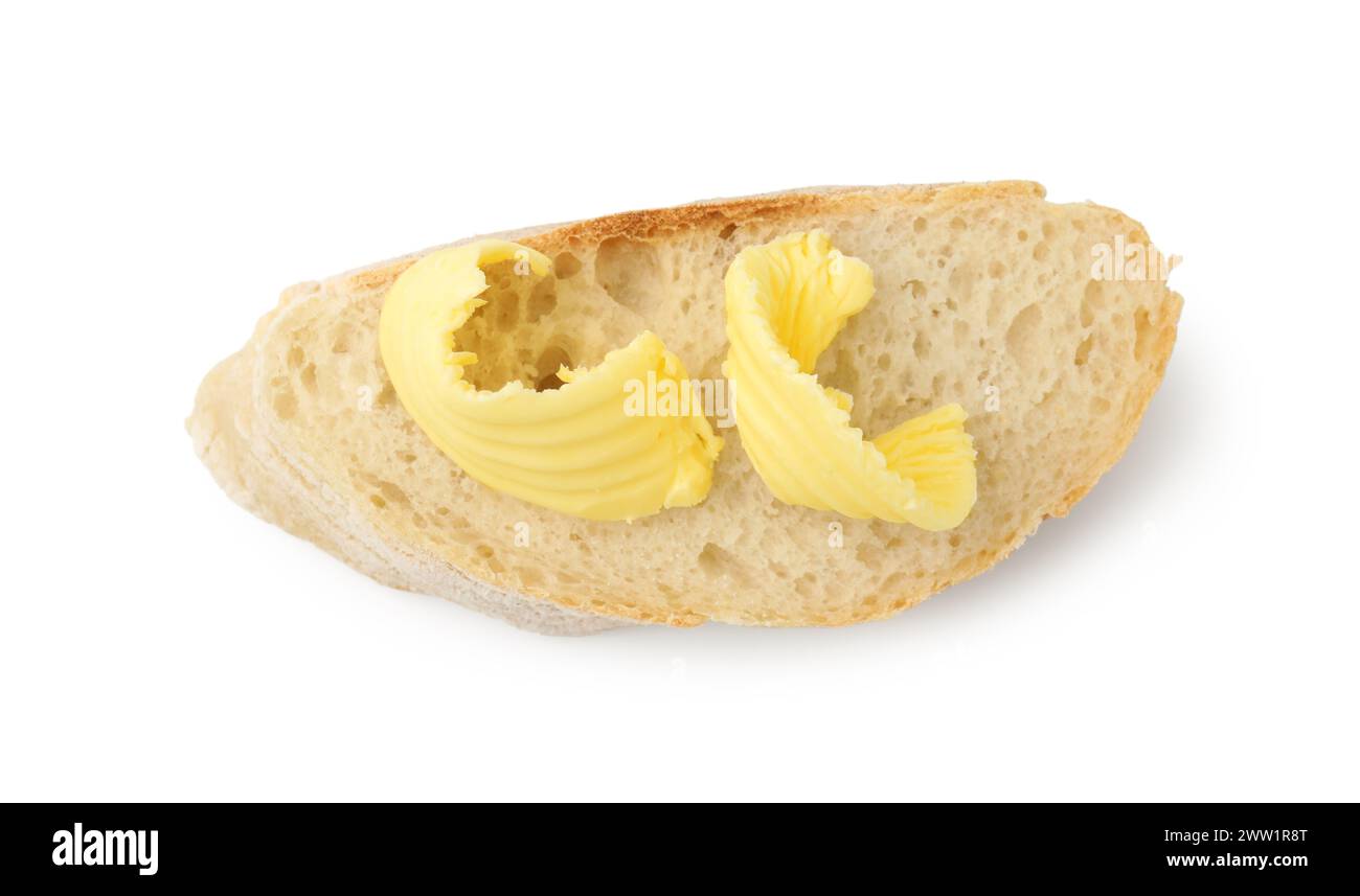 Tasty butter curl and slice of bread isolated on white, top view Stock ...