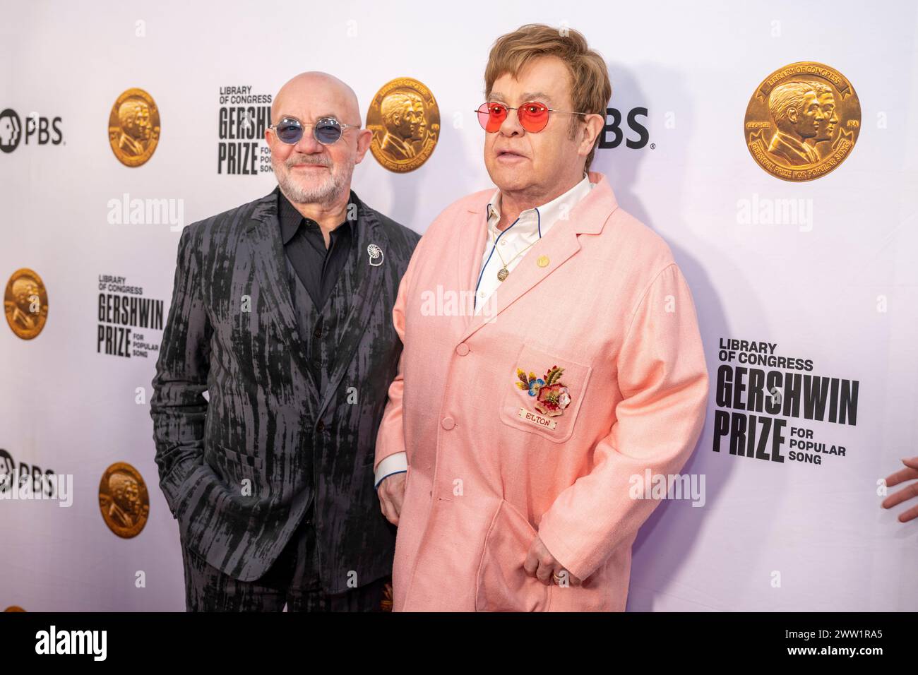 Bernie Taupin and Elton John arrive in the red carpet for the 2024 Library of Congress Gershwin ...