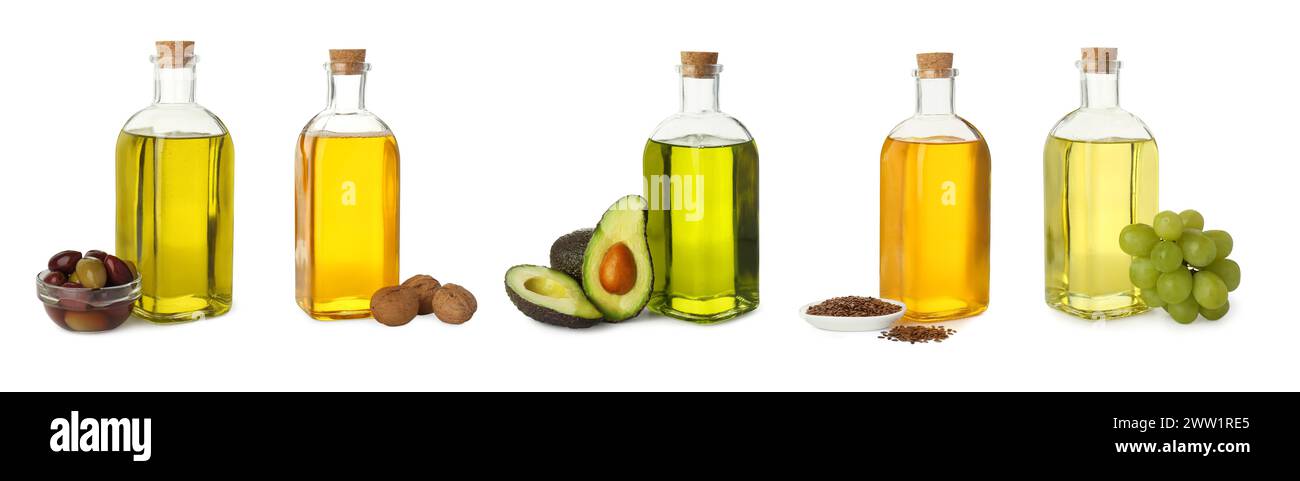Vegetable fats. Different cooking oils and ingredients isolated on ...