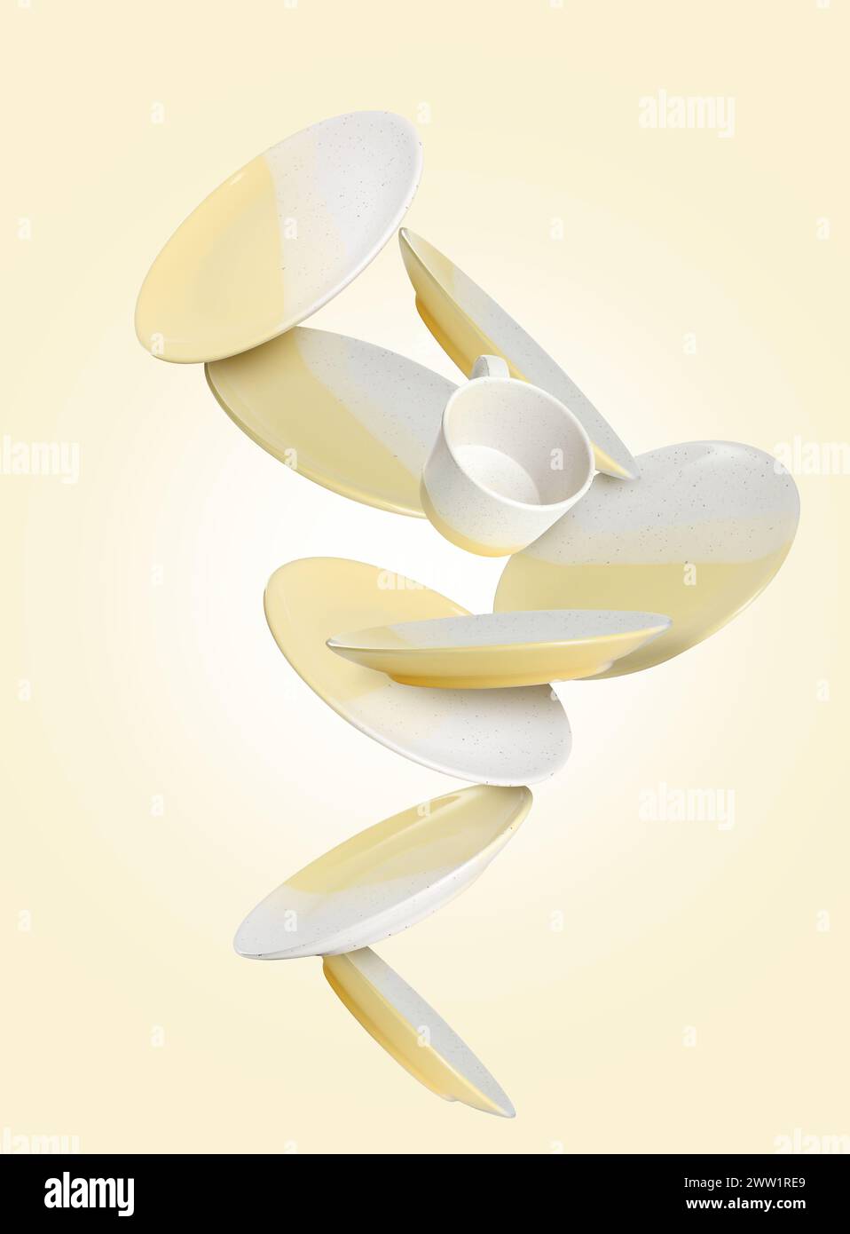 Clean plates and cup falling on pale yellow background Stock Photo - Alamy