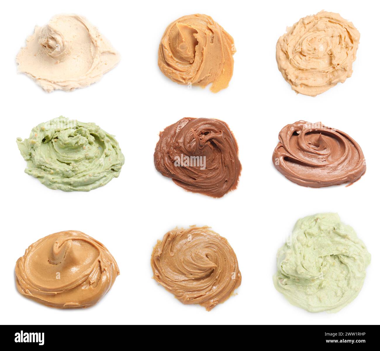 Different tasty nut butters isolated on white, set Stock Photo - Alamy