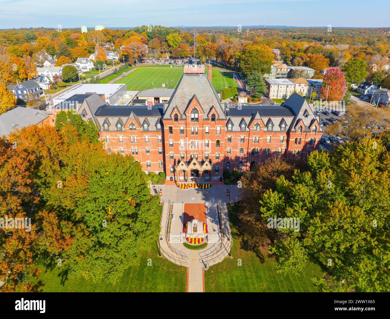 Dean Hall aerial view in fall in main campus of Dean College in ...