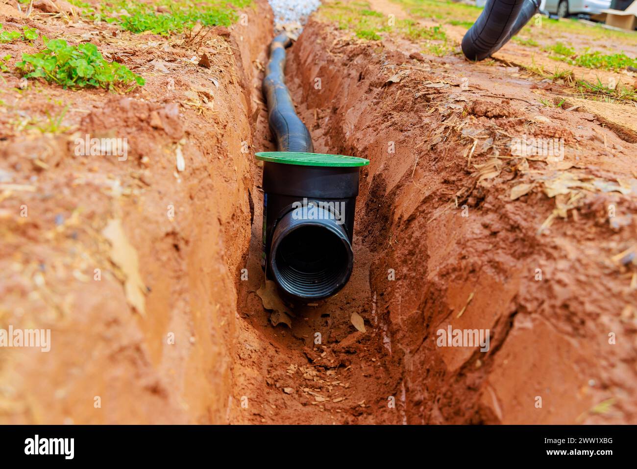 Laying underground drainage pipes for outflow of rainwater stormwater ...