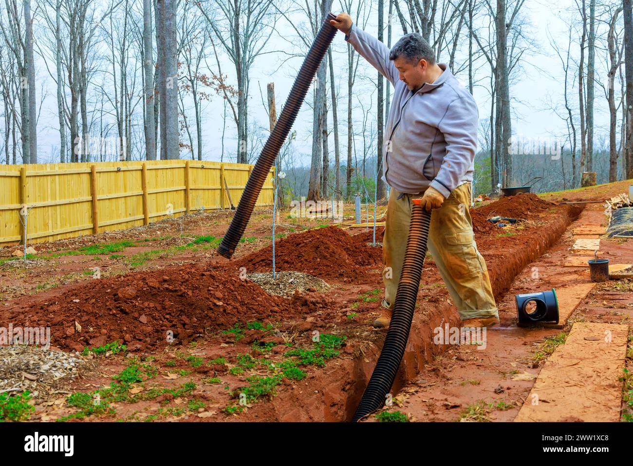 Installation of drainage pipe system for outflow of rain stormwater ...