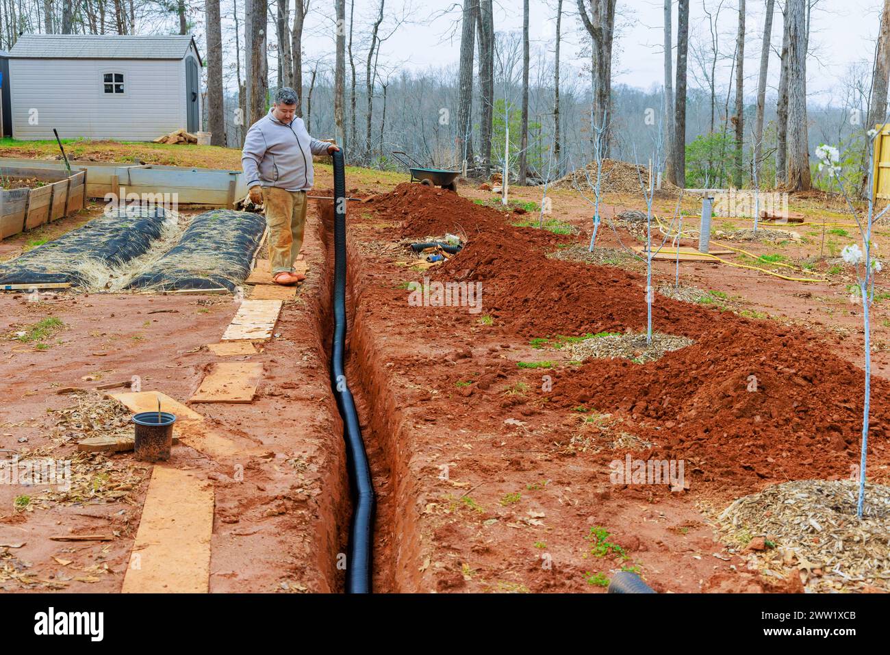 Installation of underground drainage pipes for discharge of rainwater ...