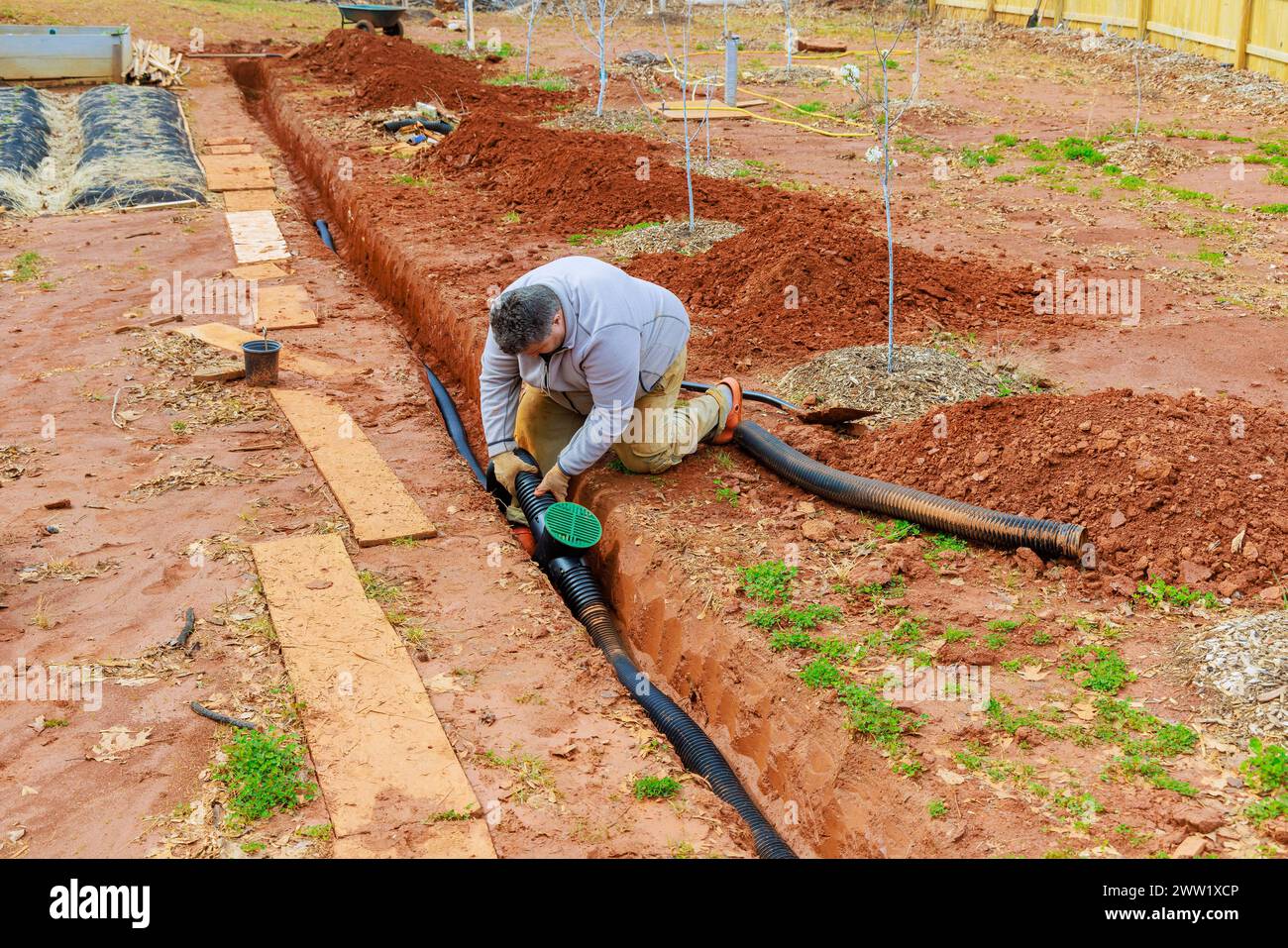 Laying underground drainage pipes to drain rainwater a stormwater Stock ...
