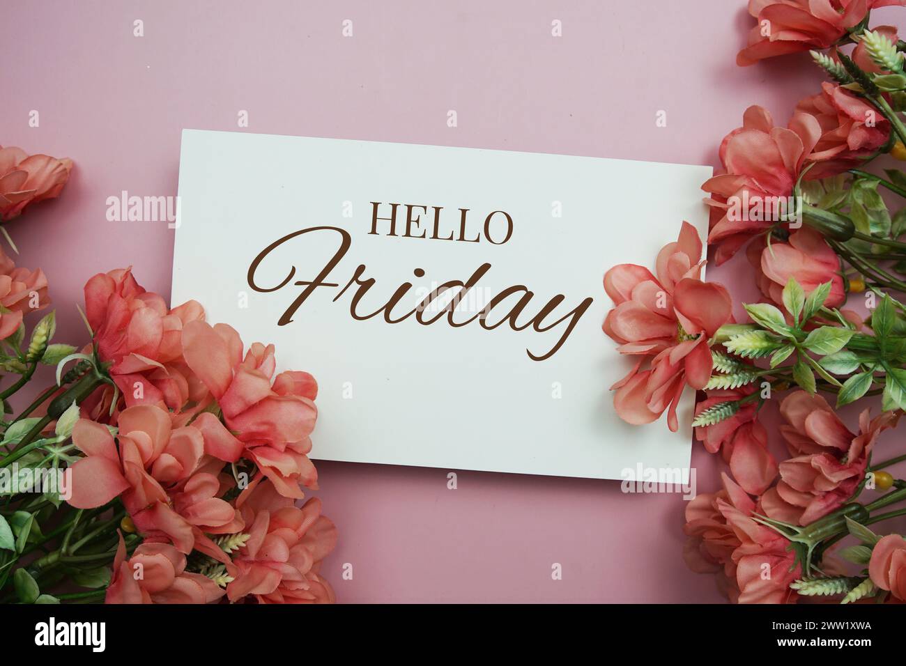 Hello Friday typography text with flowers on pink background Stock ...