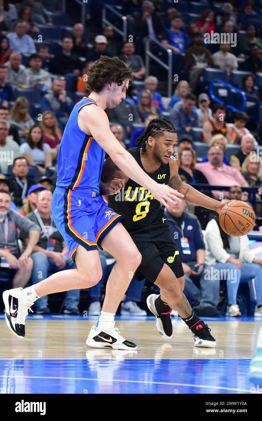 Utah Jazz forward Brice Sensabaugh, right, drives past Oklahoma City ...