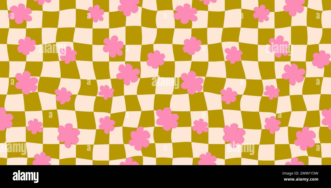 Seamless floral checkerboard pattern. Repeating distorted checkered ...