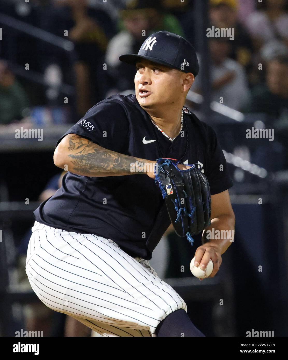Tampa, United States. 20th Mar, 2024. Yankee pitcher Victor Gonzalez ...