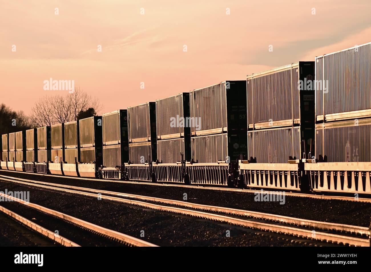 La Fox, Illinois, An Union Pacific intermodal freight train reflects ...