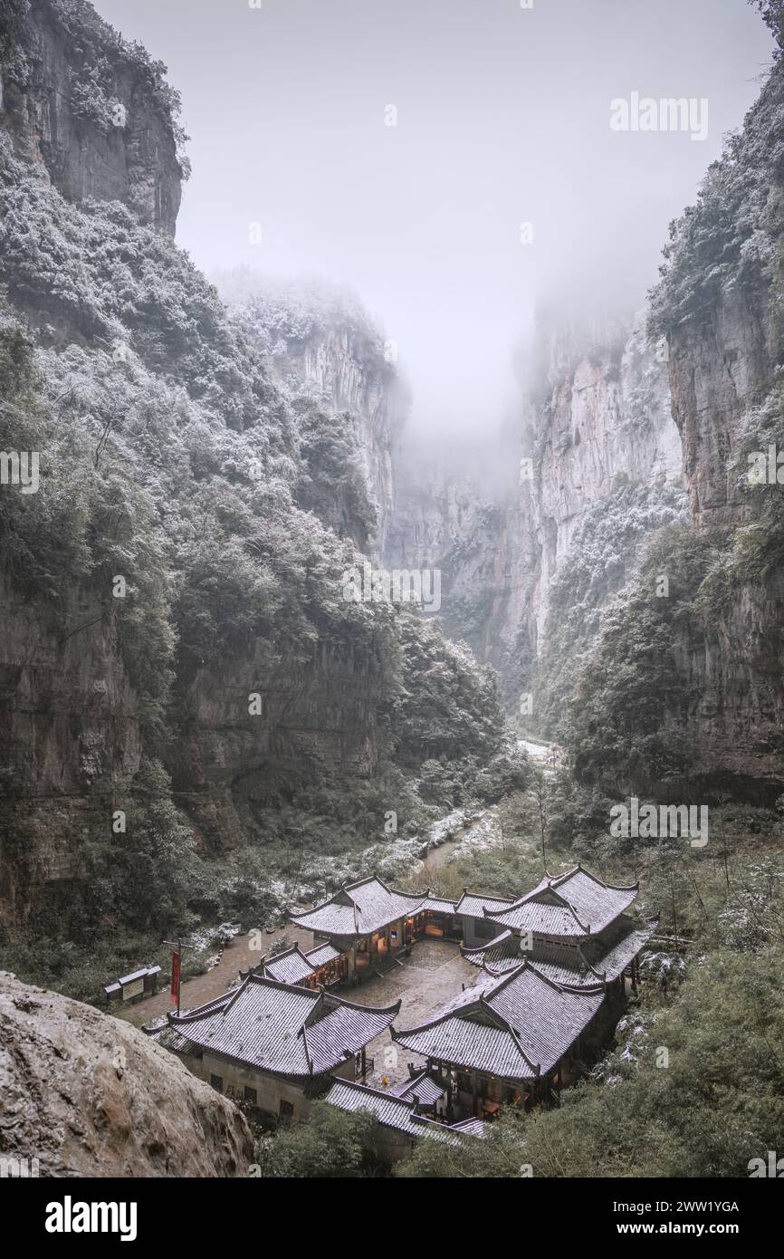 Beautiful View of Wulong Karst National Park in winter covered with ...