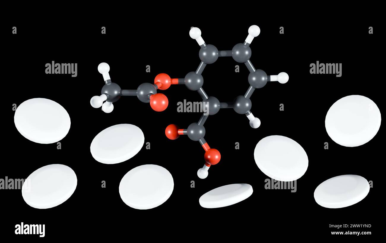 3D rendering of aspirin molecular structure with white medicines Stock ...
