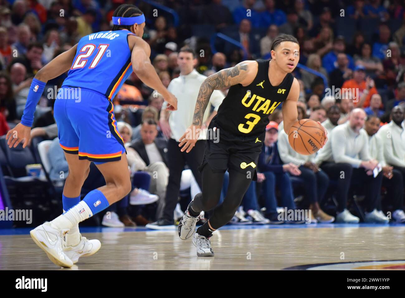 Utah Jazz guard Keyonte George (3) dribbles the ball as Oklahoma City ...