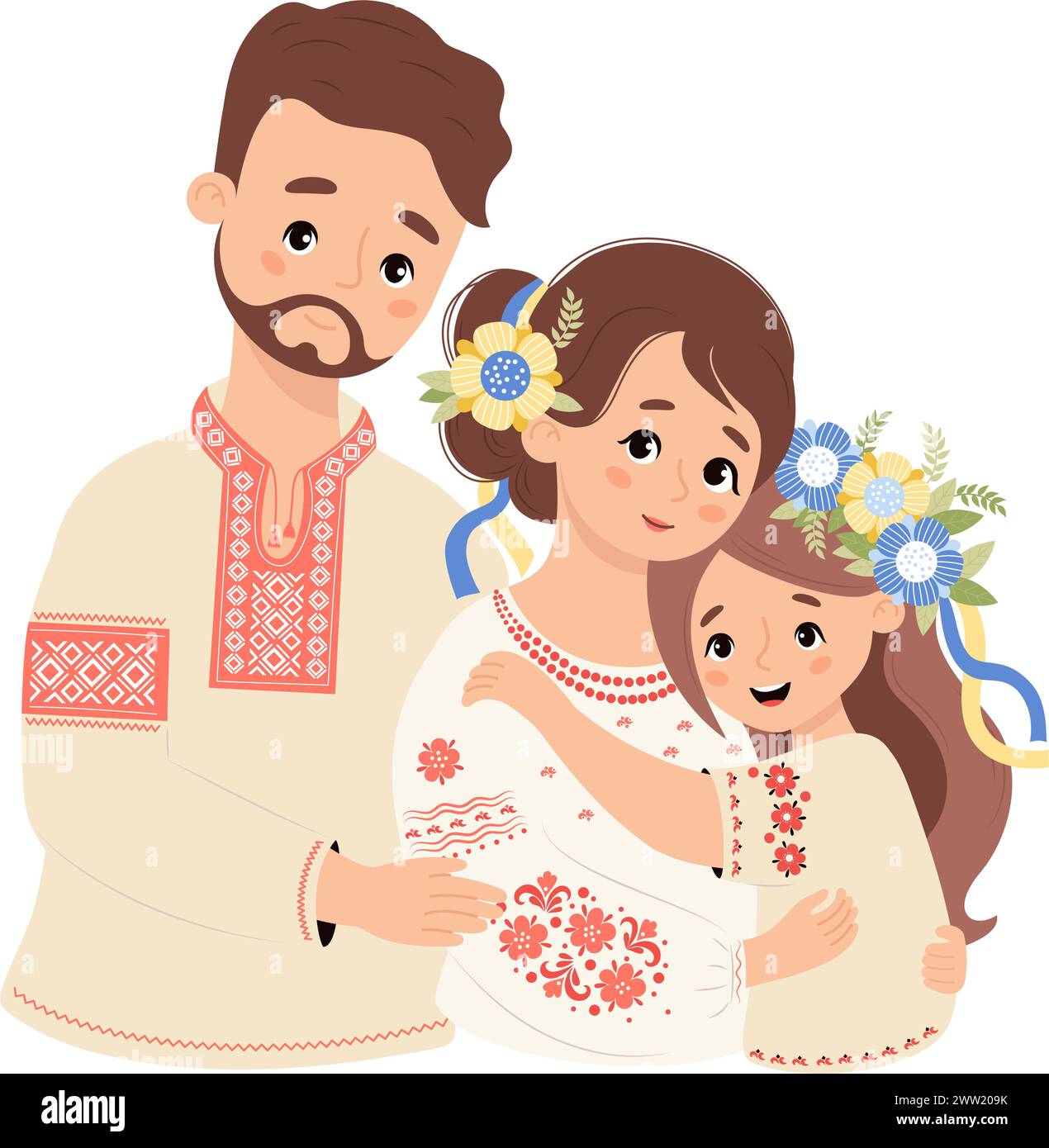 Happy Ukrainian family. Cute bearded man dad hugs his wife and daughter ...