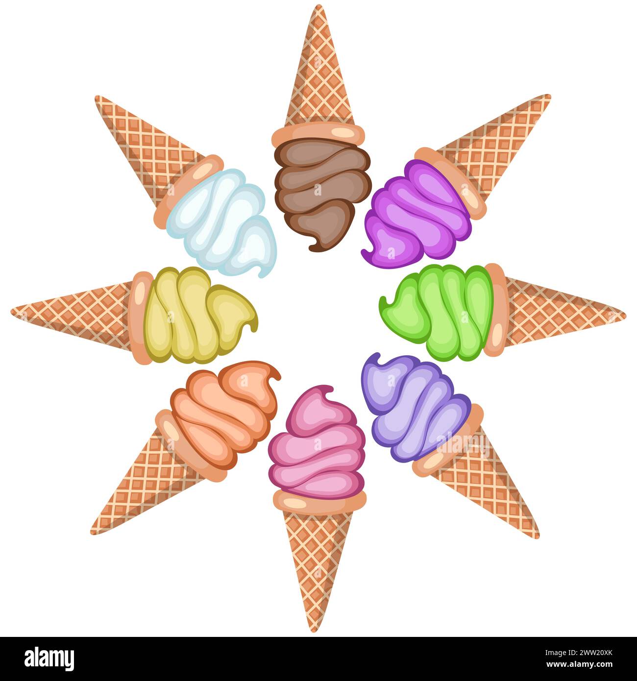 A set of ice cream with different flavors in waffle cones. Vector ...