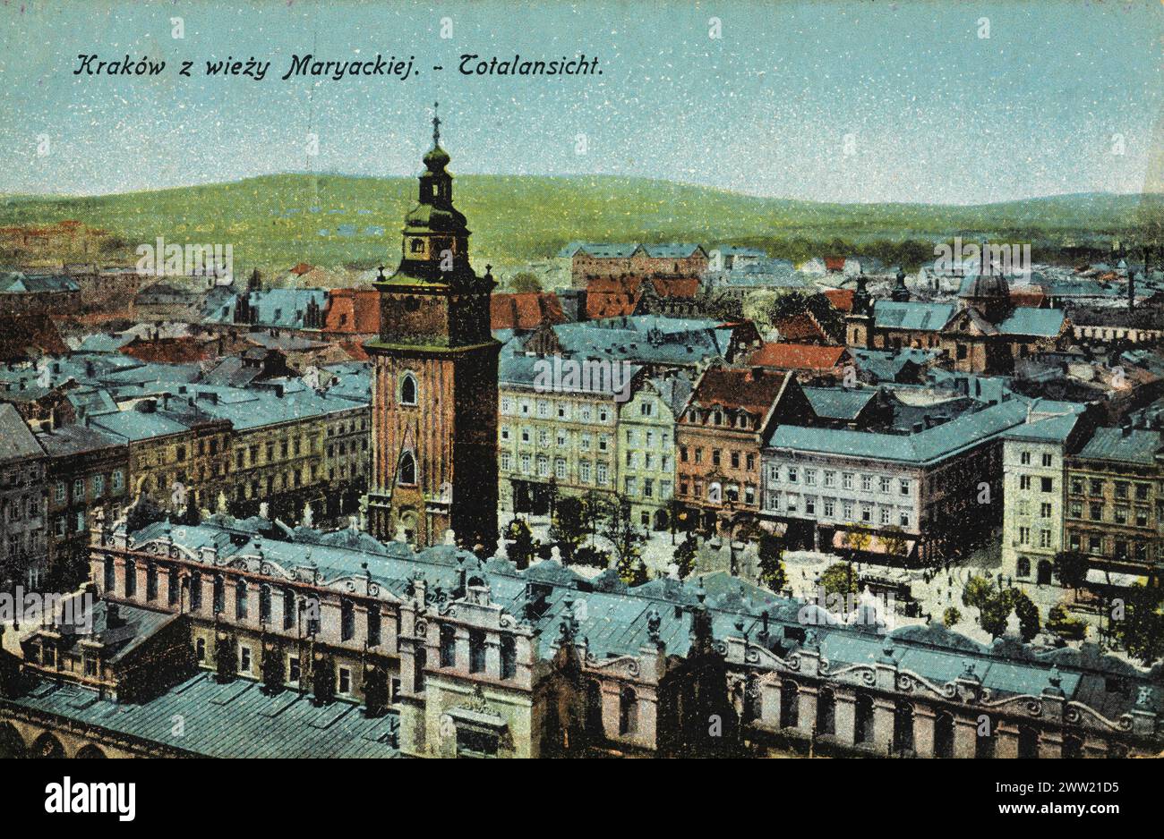 Vintage color postcard showing Krakow, Poland, from the Maryacka Tower ...