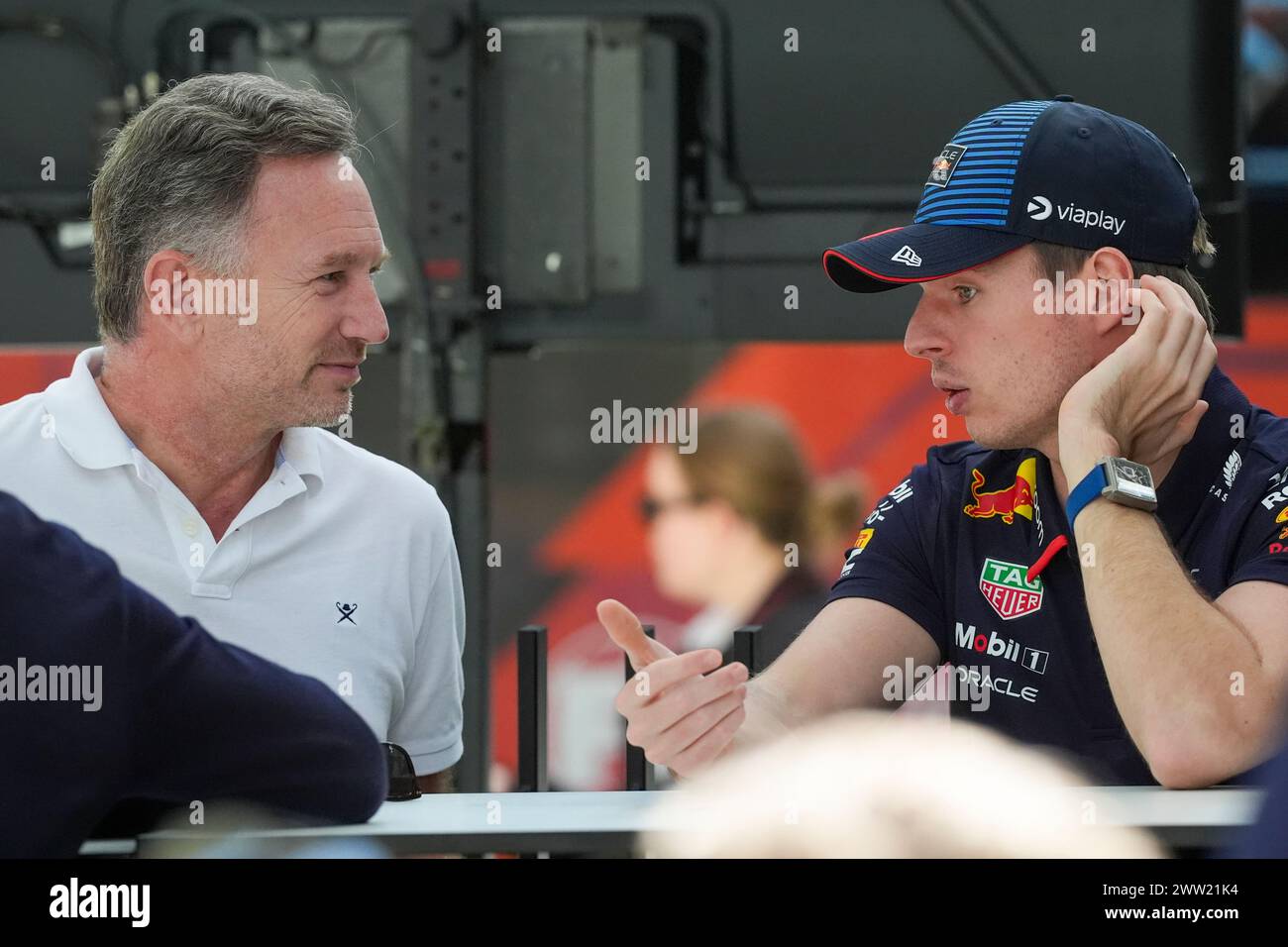 Red Bull team principal Christian Horner, left, and Red Bull driver Max Verstappen of the ...