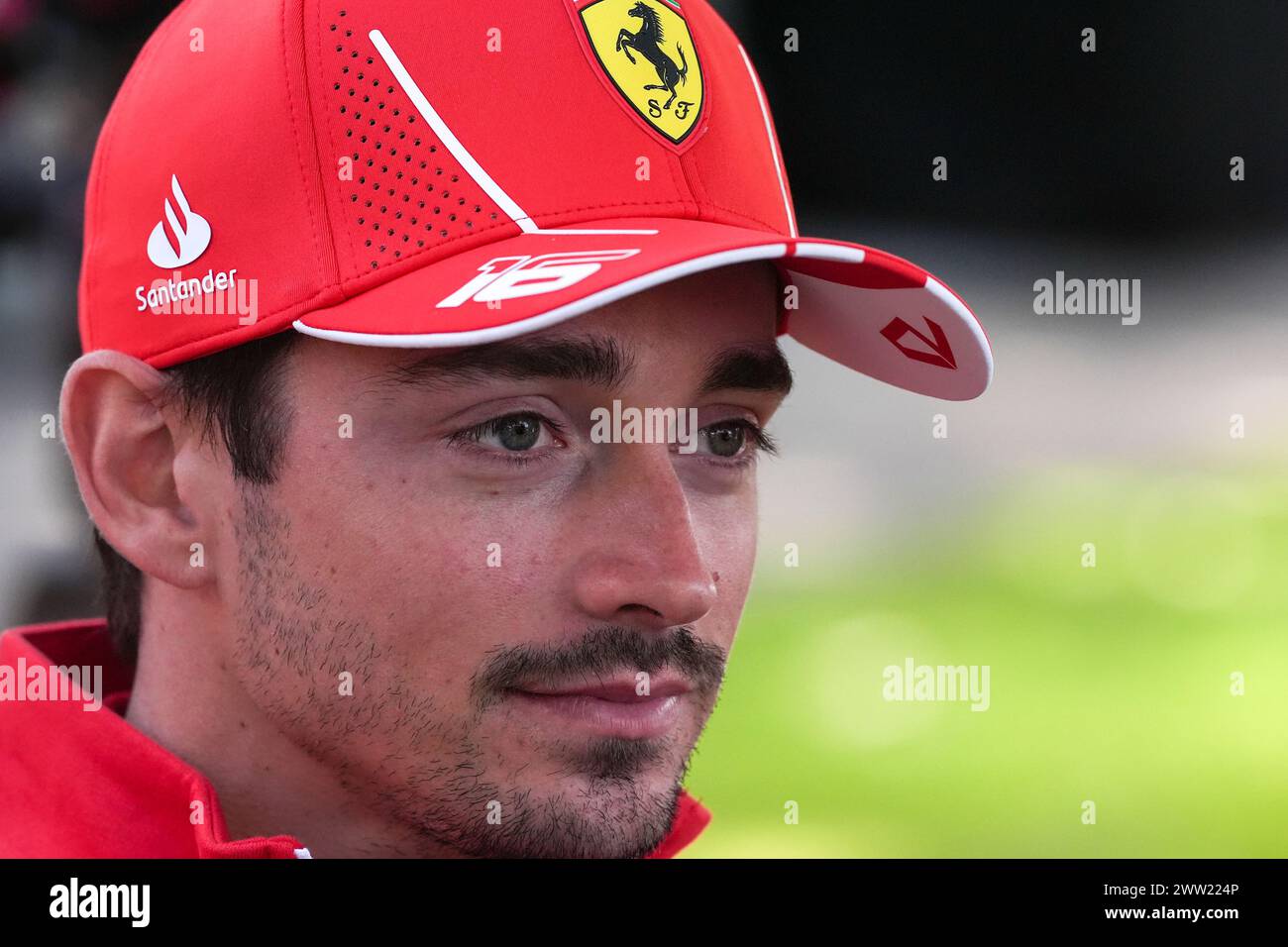 Ferrari driver Charles Leclerc of Monaco is interviewed outside his ...