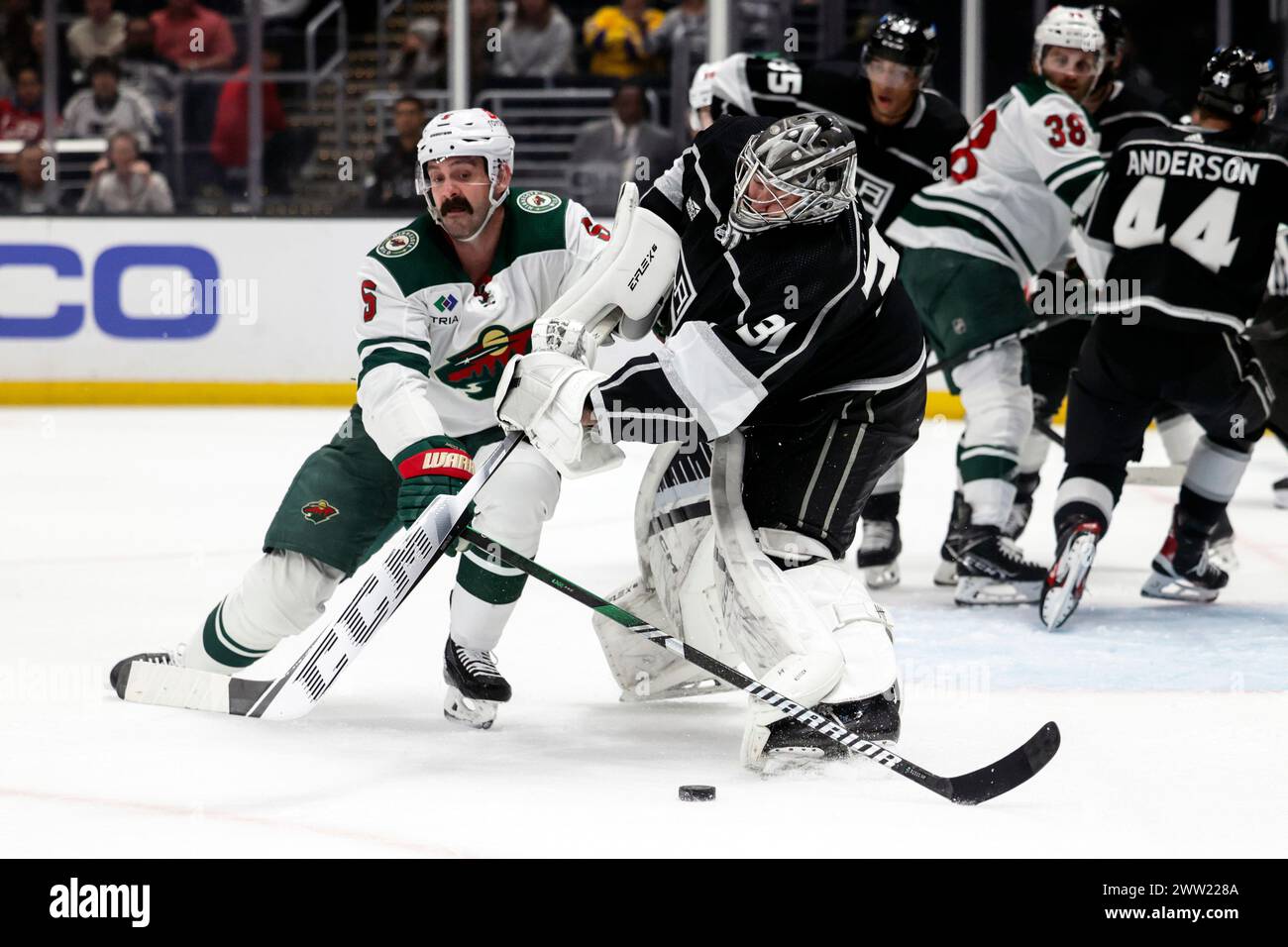 Minnesota Wild defensemen Jake Middleton (5) attempts a play on the ...