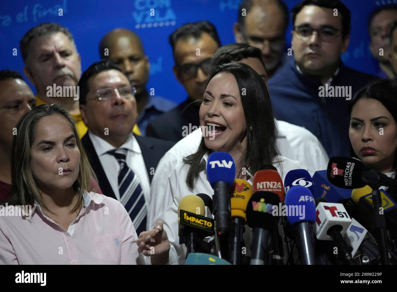 Opposition leader María Corina Machado speaks during a press conference ...