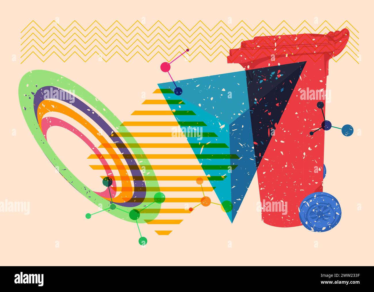 Risograph Garbage Bin with geometric shapes. Objects in trendy riso ...