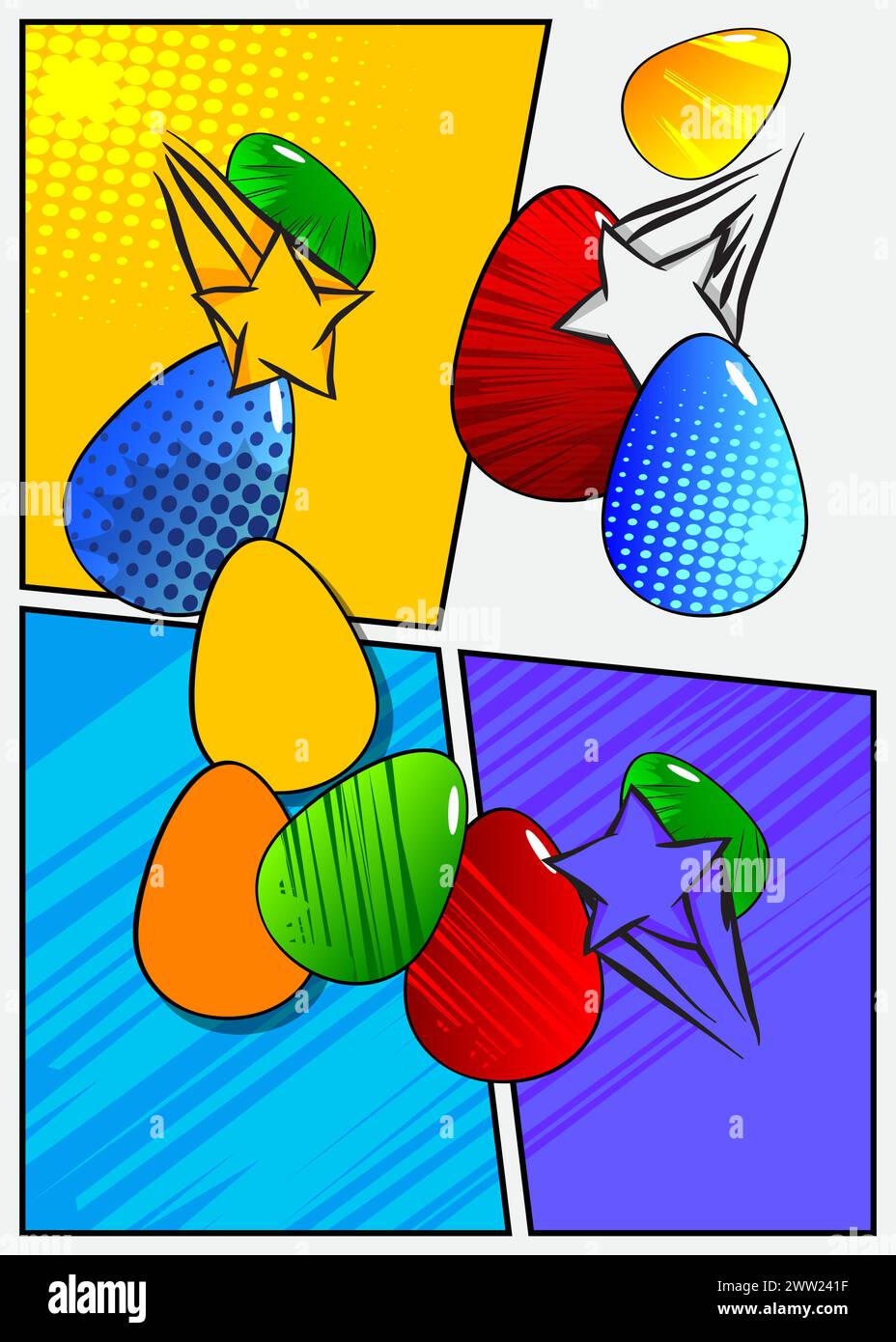 Cartoon Easter eggs, comic book Festive background. Retro vector comics ...