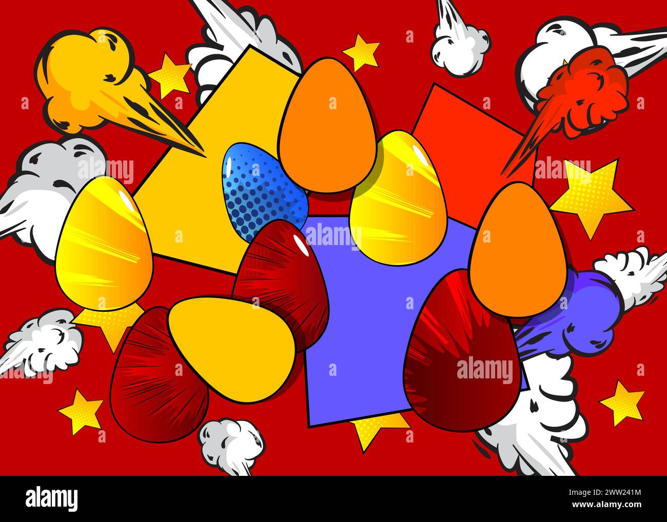 Cartoon Easter eggs, comic book Festive background. Retro vector comics ...