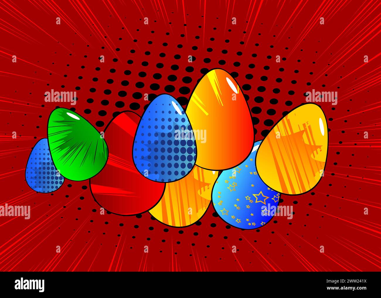 Cartoon Easter eggs, comic book Festive background. Retro vector comics ...
