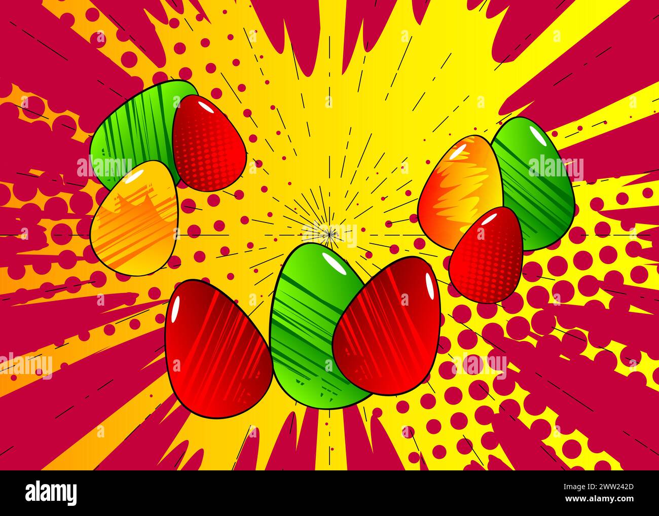 Cartoon Easter eggs, comic book Festive background. Retro vector comics ...