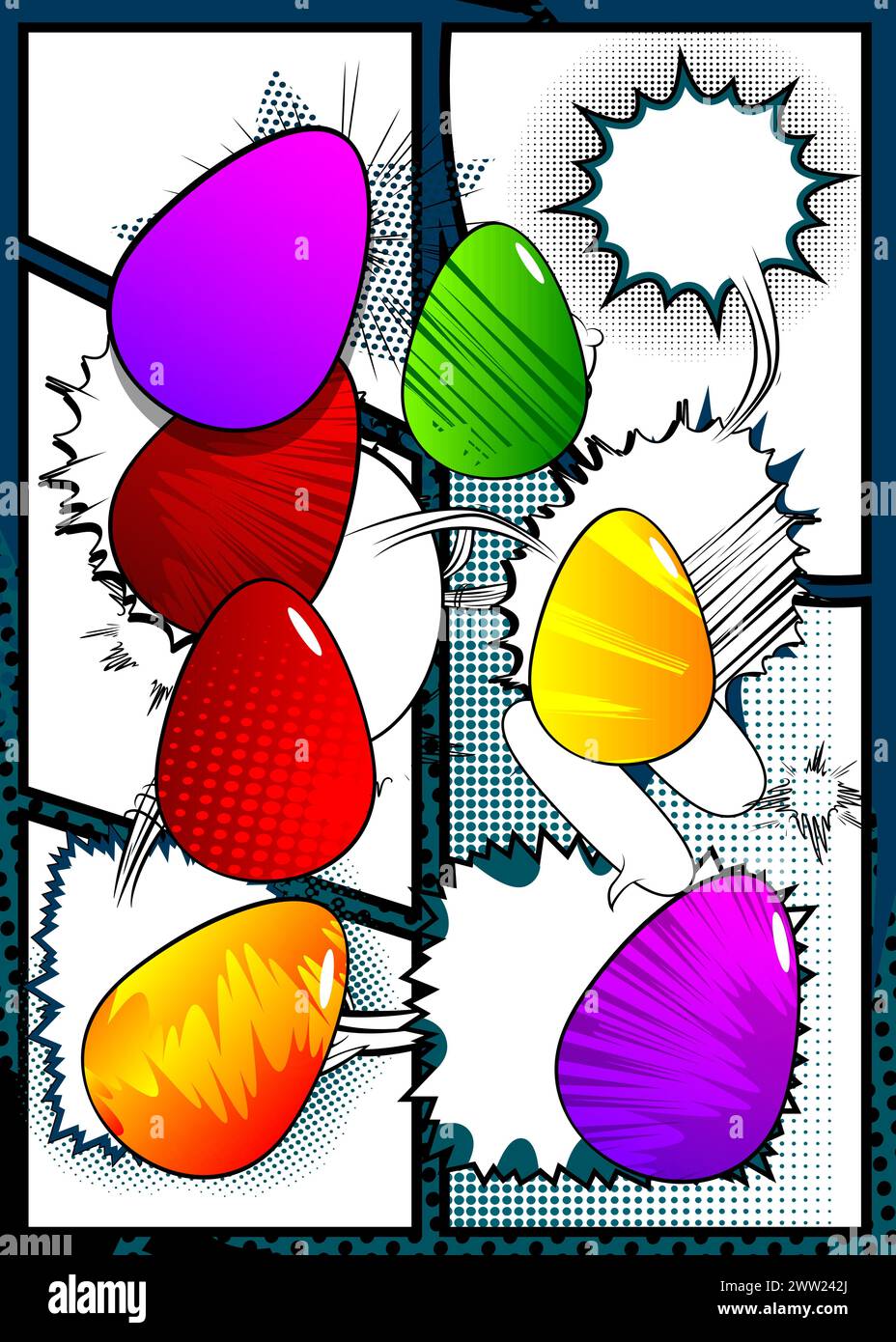 Cartoon Easter eggs, comic book Festive background. Retro vector comics ...