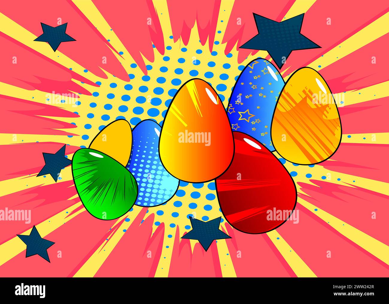 Cartoon Easter eggs, comic book Festive background. Retro vector comics ...