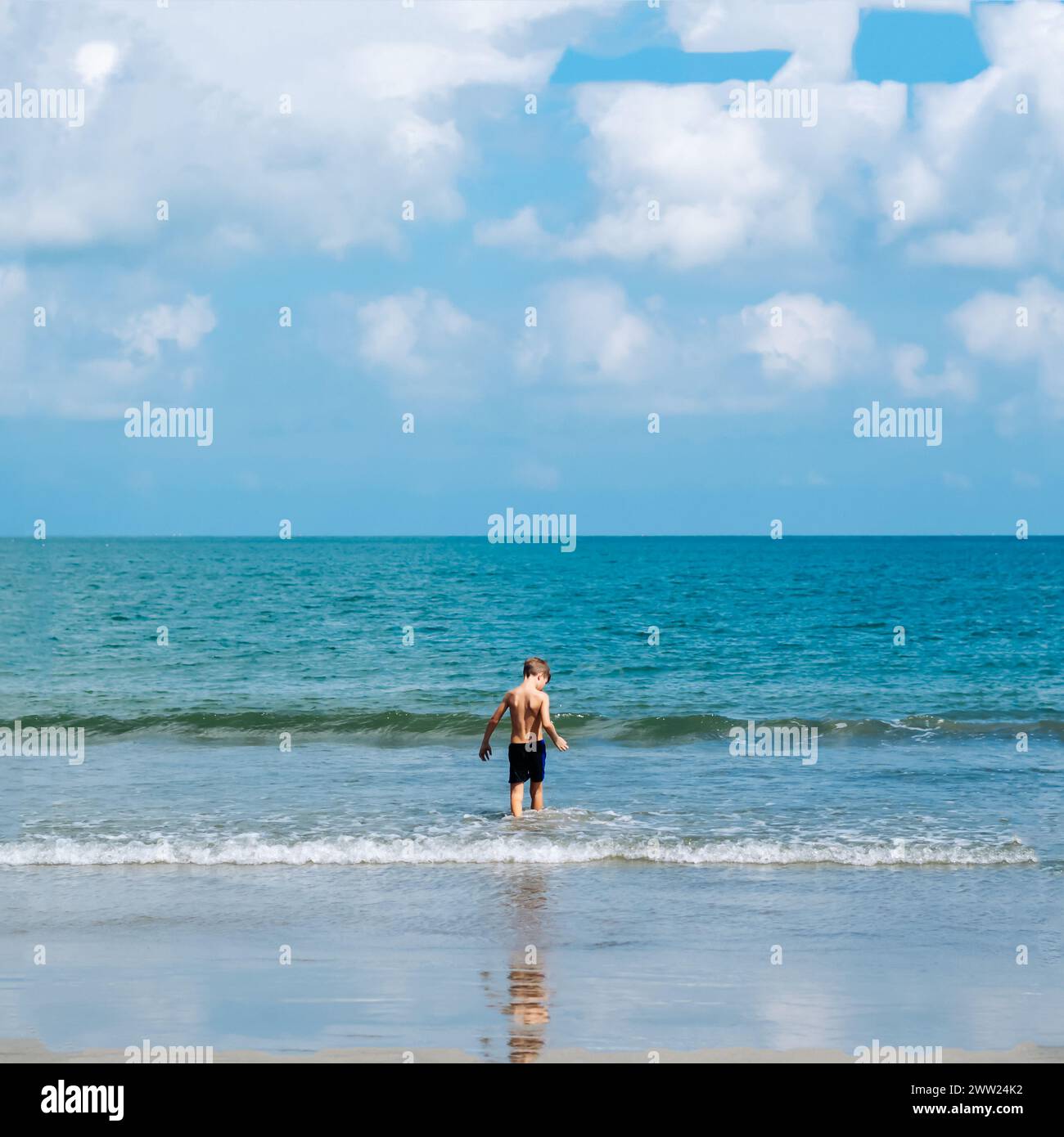 Boy back Blue calm Sea sun Sky background, universe possibilities are ...