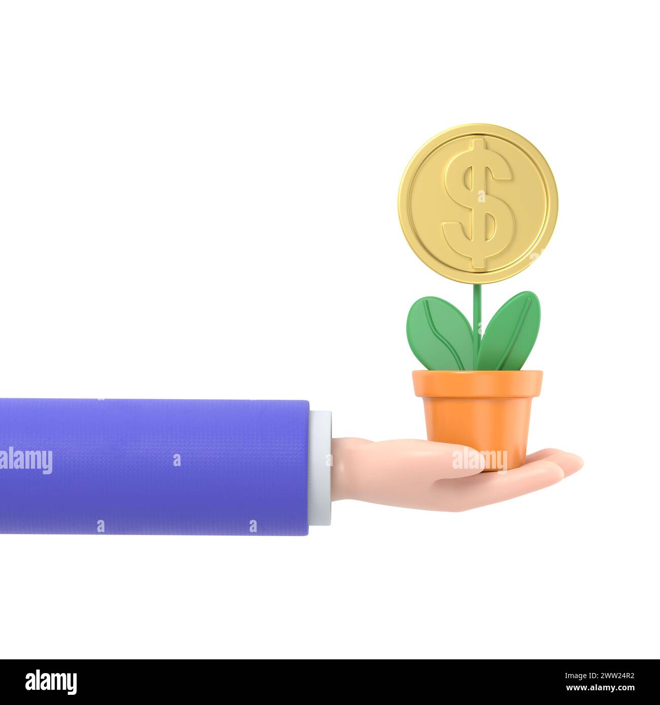 3d pot of plant with gold coin flower in hand on white background ...