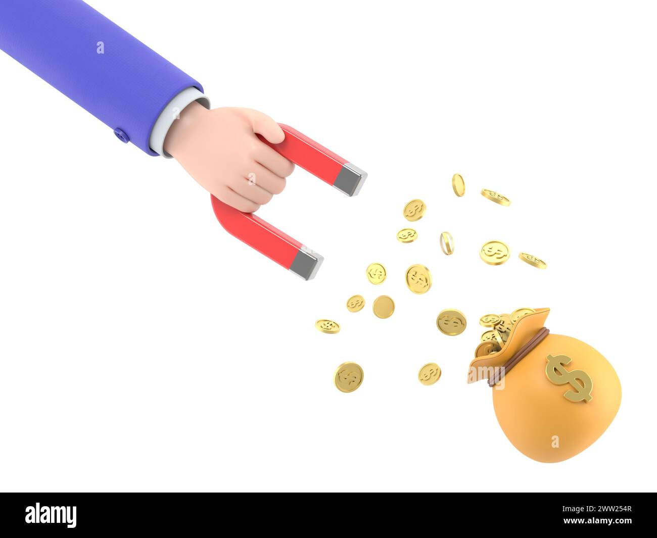 Human hand holding magnet with money bag and coins. Concept of ...